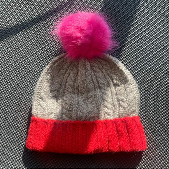 Boden | Accessories | Boden Cable Knit Tri Color Faux Fur Pom Hat ...